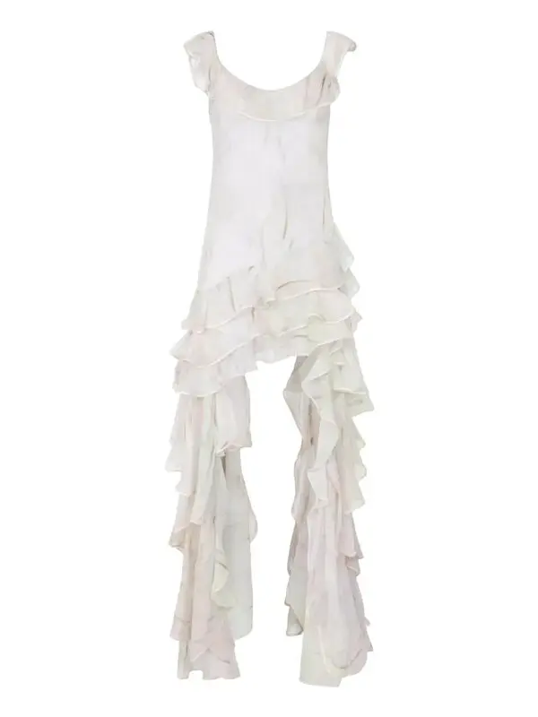 Elisabetta Franchi Georgette Dress With Feather Print And Ruffle Accents - Neutrals
