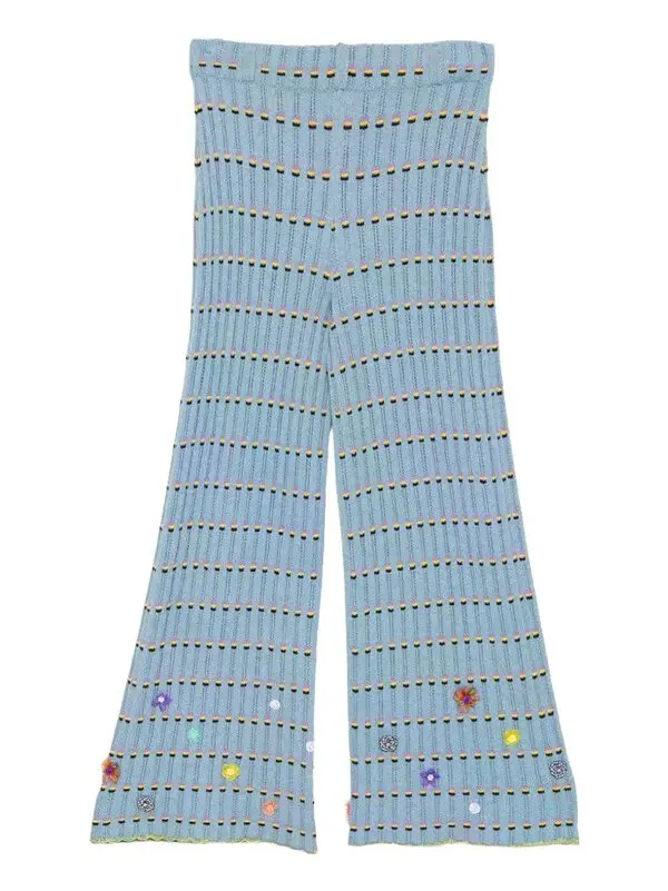 YANYAN Dusty Horizontal Stripe Floral Appliqué Trousers - Blue