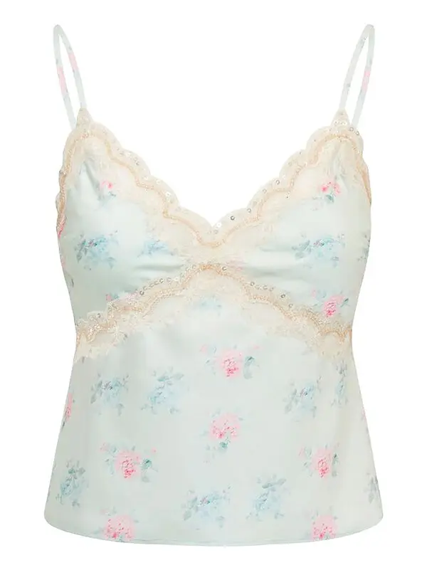 LoveShackFancy Floral Print Satin Top - Green