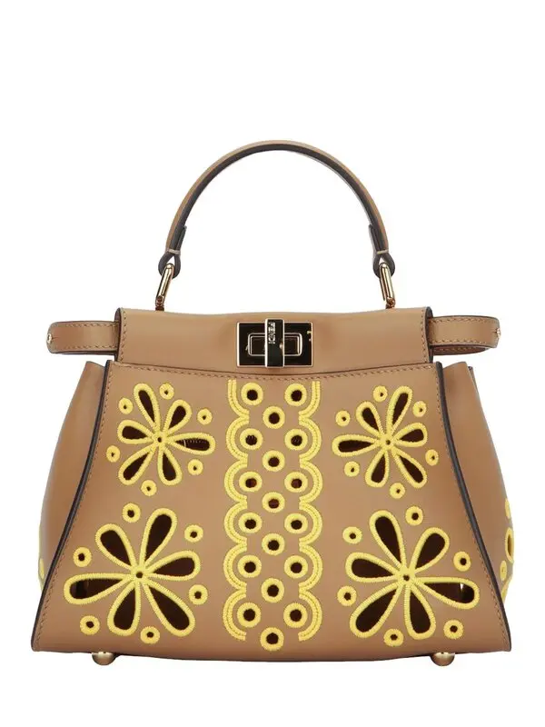 Fendi Peekaboo Floral Mini Tote Handbag - Burnt