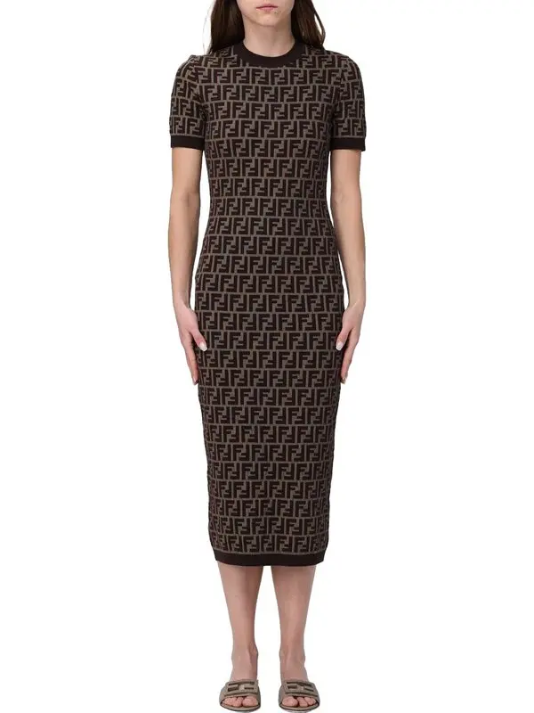 Fendi Ff Monogram Knit Sheath Midi Dress - Brown