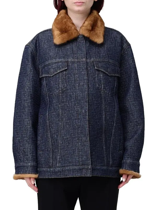 Fendi Denim Jacket With Fur Collar And Cuffs - Blue