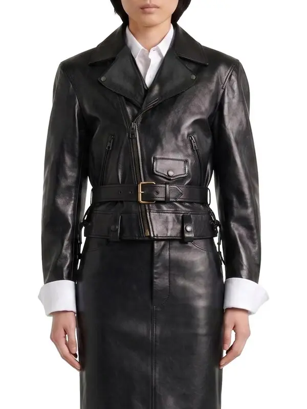 Saint Laurent Slim Fit Belted Calfskin Biker Jacket - Brown
