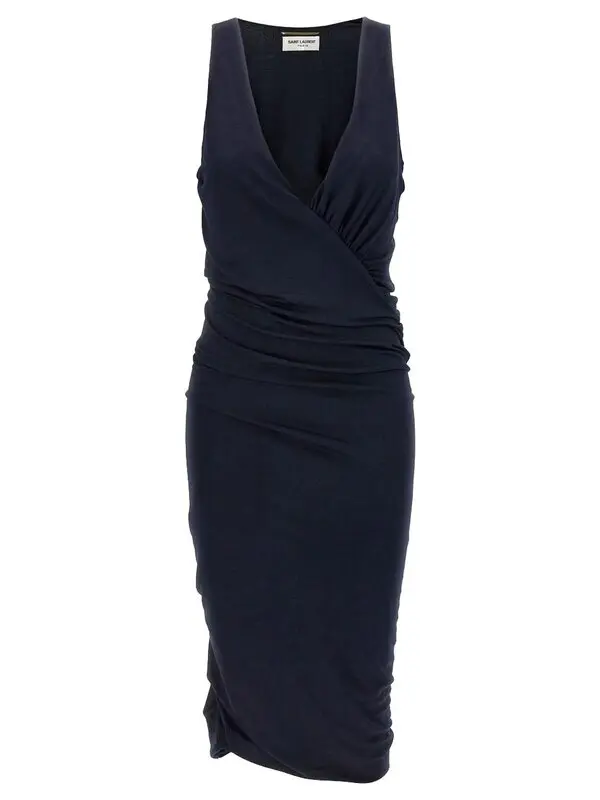 Saint Laurent Sleeveless Ruched Midi Dress - Blue