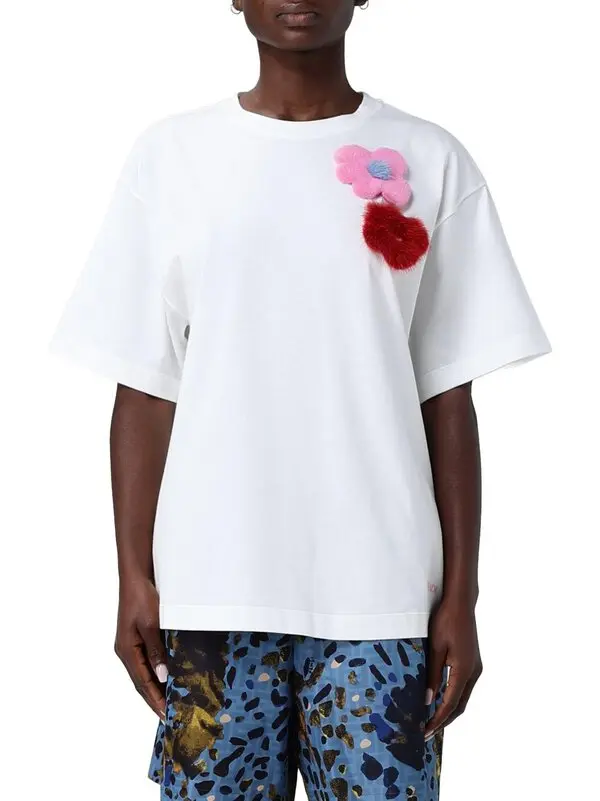 Fendi Cotton T-shirt With Mink Fur Flowers - White