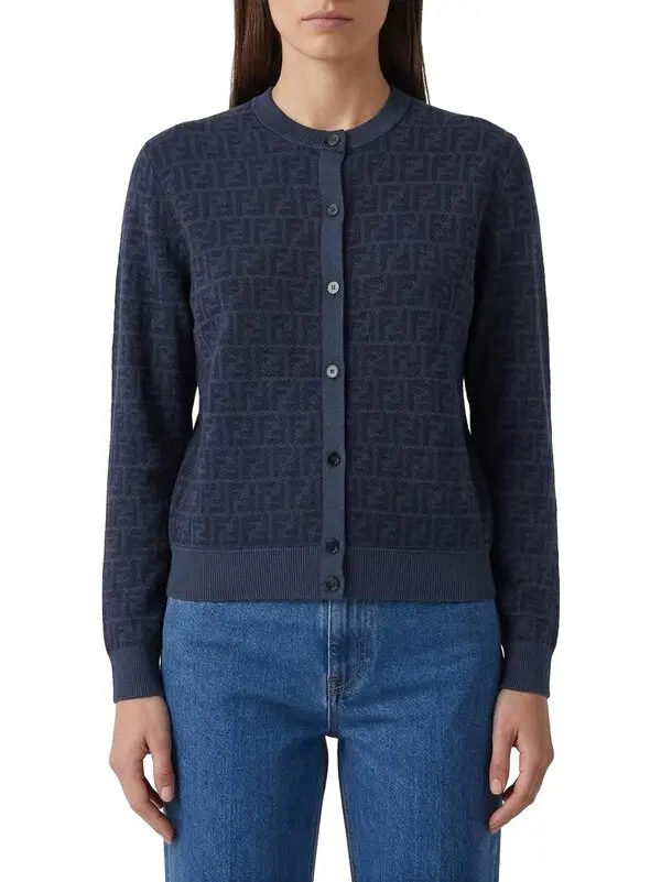 Fendi Ff Monogram Wool Crewneck Cardigan - Blue