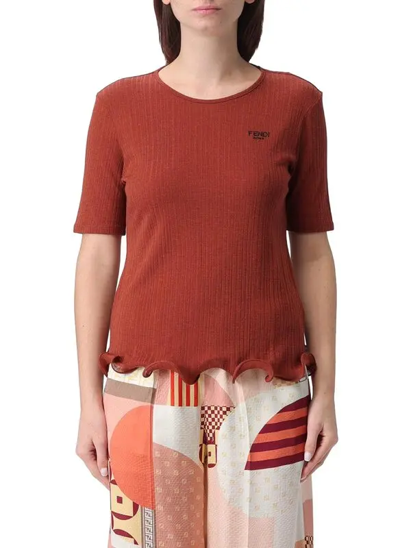 Fendi Ribbed Crewneck T-shirt With Ruffle Hem - Red