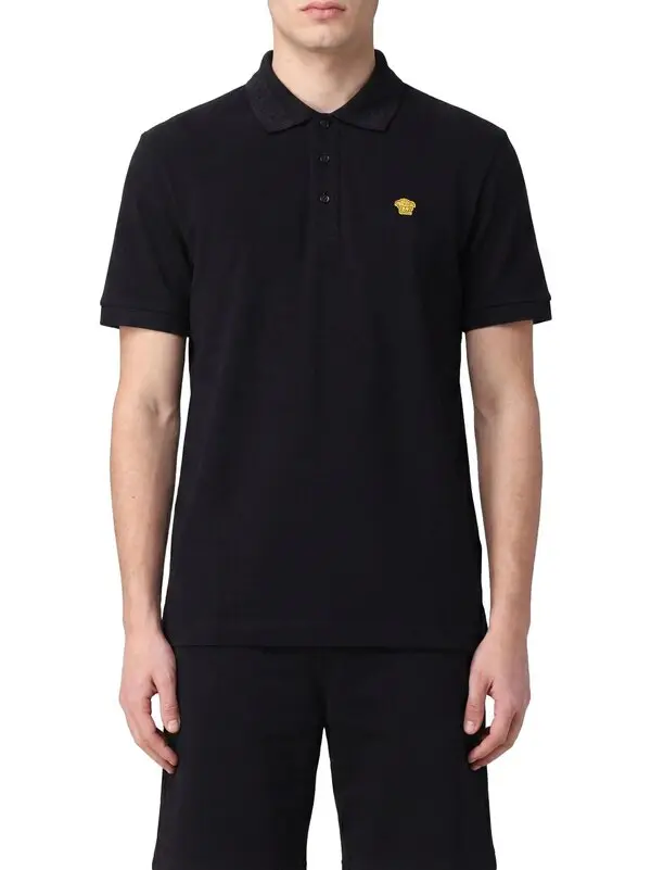 Versace Medusa Logo Cotton Polo Shirt With Ribbed Collar - Black