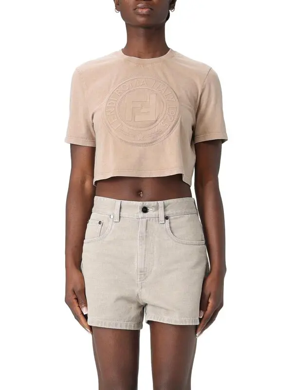 Fendi Embossed Logo Cropped T-shirt - Beige