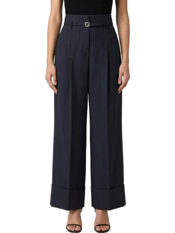 Fendi Pinstripe Wool Blend Palazzo Trousers - Blue