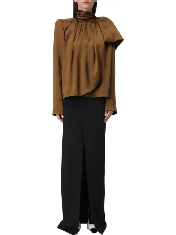 Saint Laurent Long Sleeve Gathered Blouse - Camel