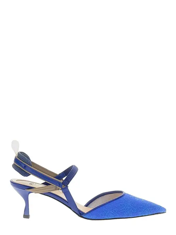 Fendi Colibrì Lite Slingback Pumps In Leather And Fabric With Floral Motif - Blue
