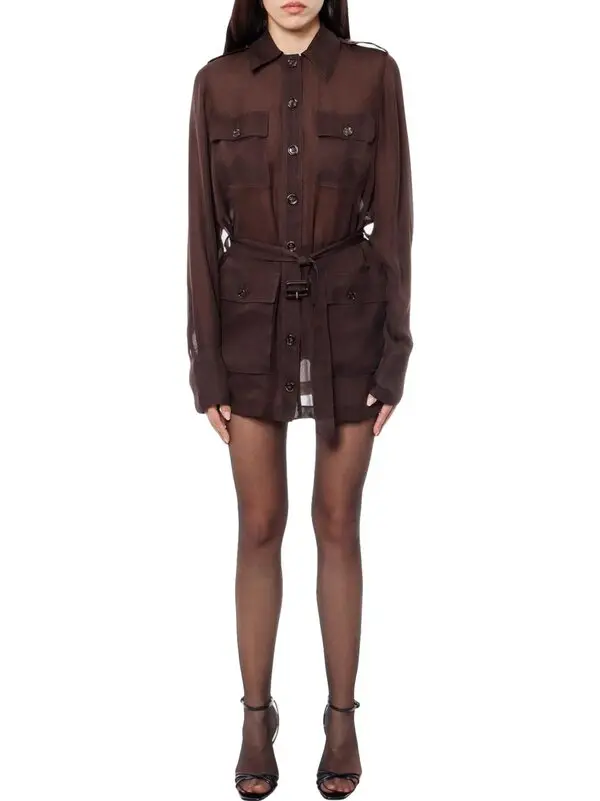 Saint Laurent Mini Shirt Dress With Tie-waist Belt - Brown
