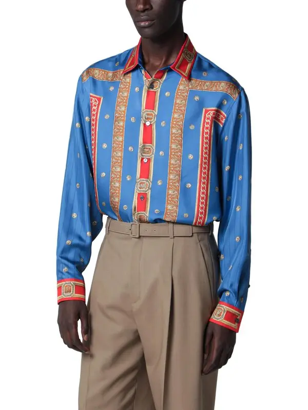 Versace Regular Printed Silk Twill Shirt - Blue