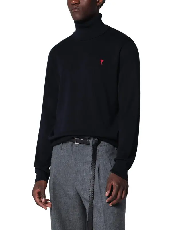 AMI Paris Navy Turtleneck Sweater With De Coeur Embroidery - Blue