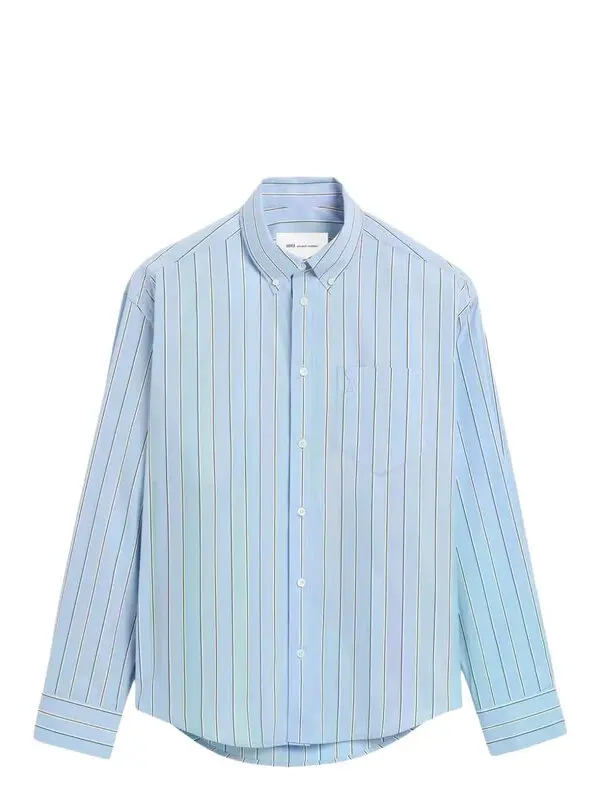 AMI Paris Boxy Striped Cotton Shirt With Embossed De Coeur - Blue