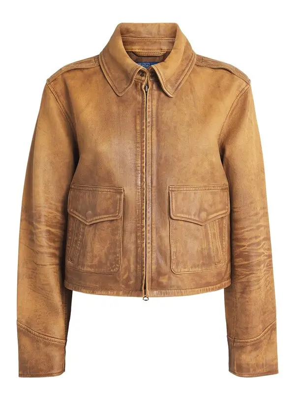 Polo Ralph Lauren Distressed Cropped Leather Jacket - Brown