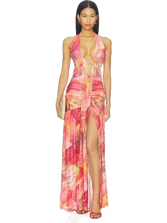RUNAWAY THE LABEL Adrianna Plunge Ruched Maxi Dress - Multi