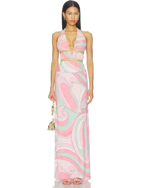 RUNAWAY THE LABEL Xylia Halter Low Plunge Maxi Dress - Multi