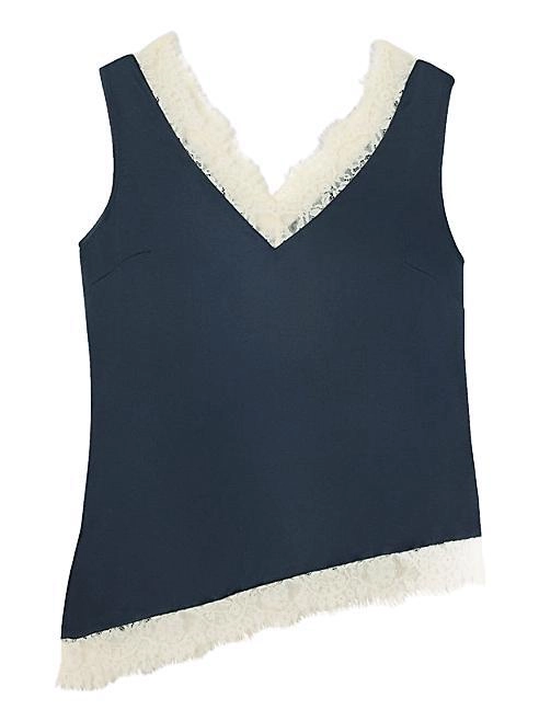 Whistles Sleeveless V-neck Lace-trim Satin Top - Navy/multi