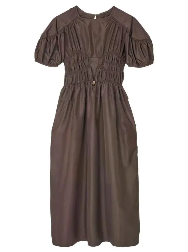 Cecilie Bahnsen Midi Gathered Puff-sleeve Dress - Brown