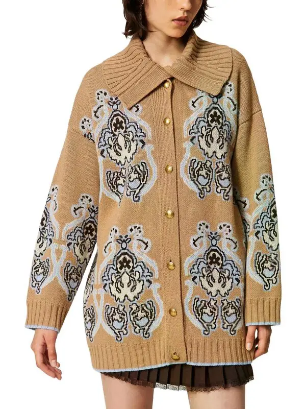 TWINSET Jacquard Wool Blend Knitted Cardigan - Neutrals