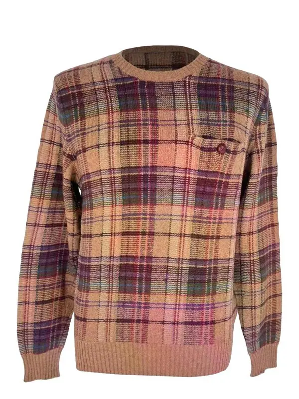 Ralph Lauren Plaid Crew Neck Sweater With Suede Elbow Patches - Brown