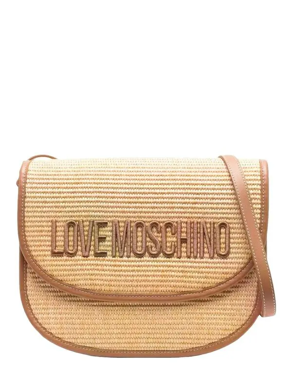 Moschino Raffia Shoulder Bag With Embroidered Logo - Neutrals