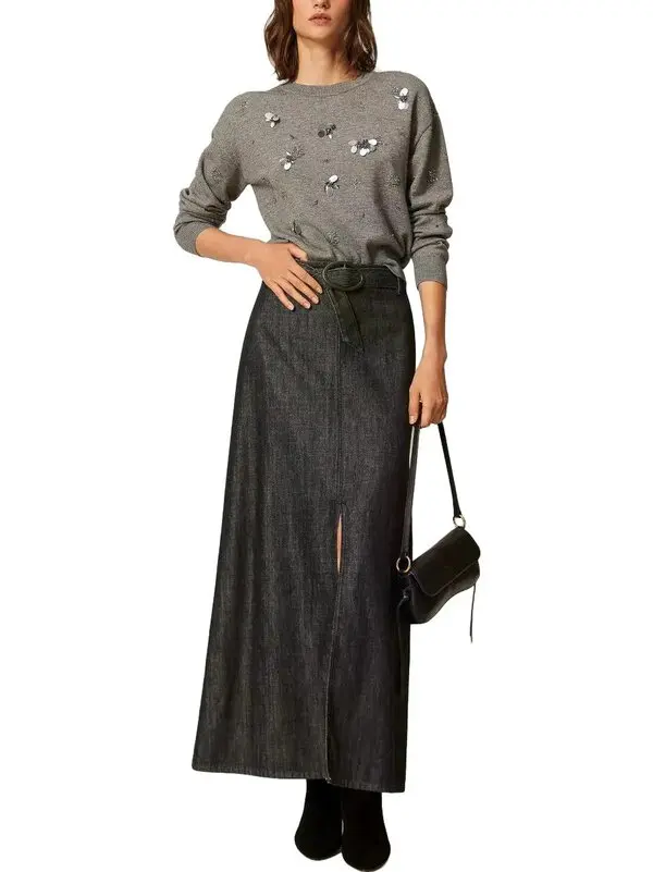 TWINSET Long Flowing Denim Skirt With Front Slit - Black