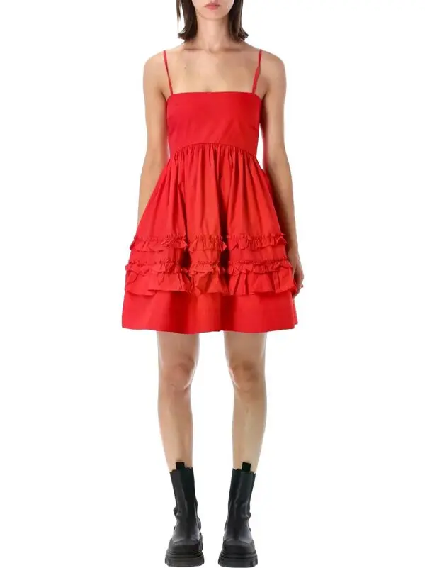 GANNI Cotton Dress With Frill Detailing - Red