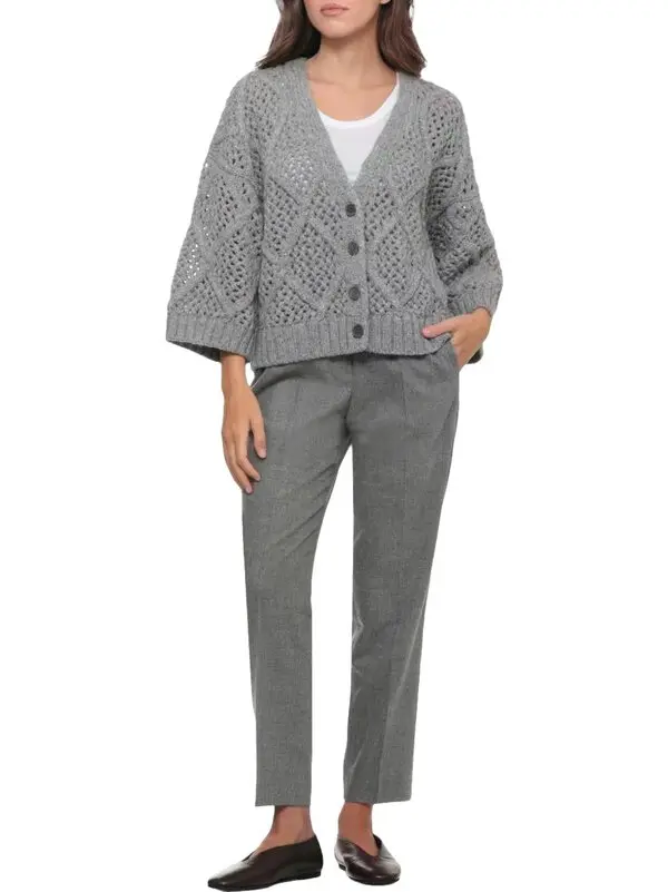 Peserico Perforated-knit Bead-embellished V-neck Sweater - Grey