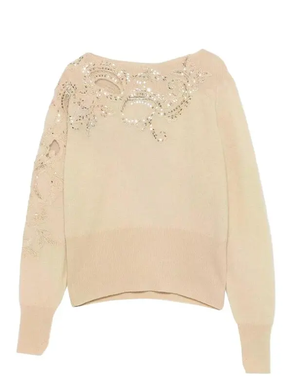 Ermanno Scervino Cashmere Sweater With Sequin And Lace Embellishments - Neutrals