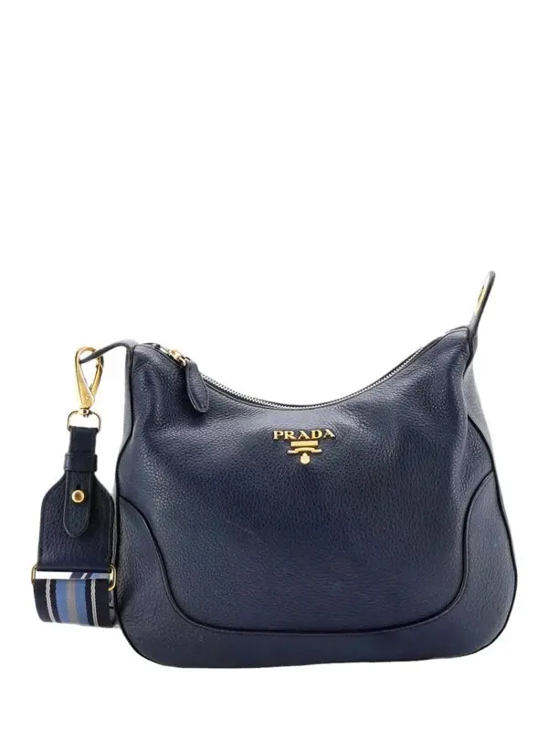 Prada Striped Strap Zip Hobo Vitello Daino Medium Crossbody Bag - Blue