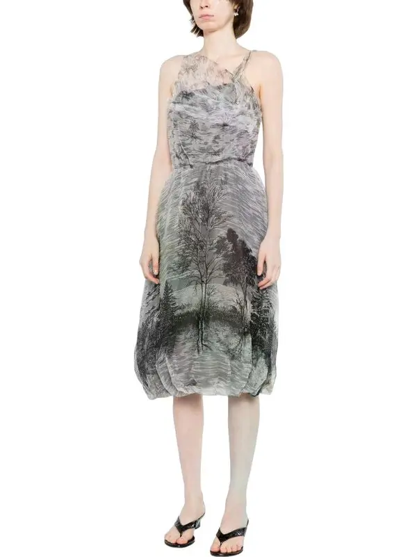 Marni 2004 Landscape Print Asymmetrical Neck Sleeveless Midi Dress - Grey