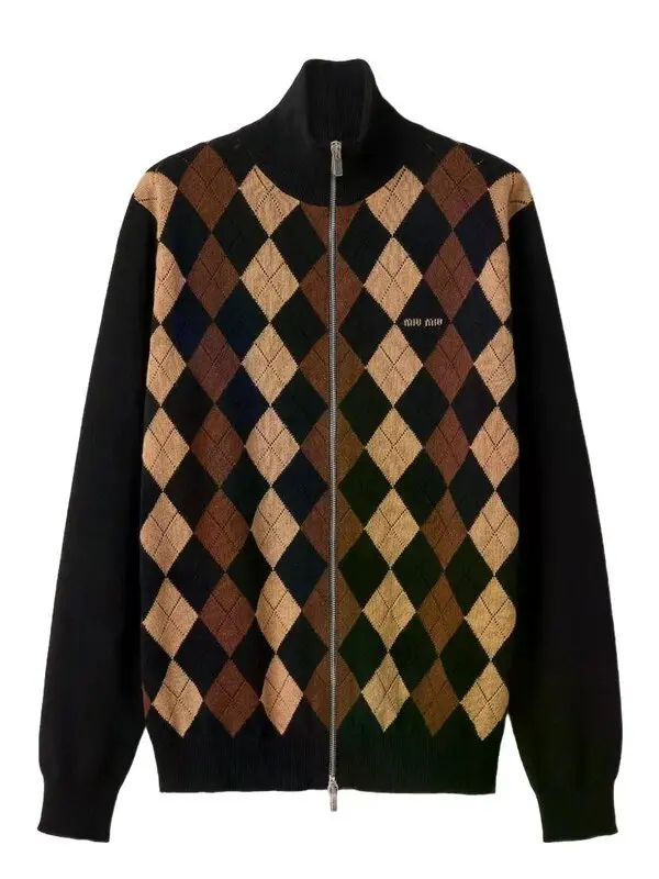 Miu Miu Cashmere Argyle Zip-up Cardigan - Black