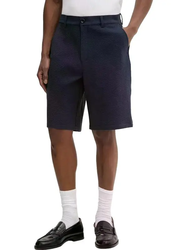 LES DEUX Seersucker Textured Shorts With Embroidered Logo - Blue