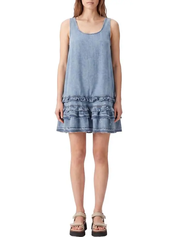 GANNI Denim Dress With Ruffled Hem - Blue
