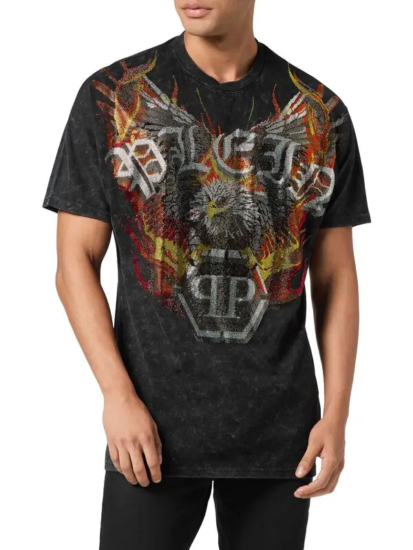 Philipp Plein Graphic Print Cotton T-shirt With Rhinestone Embroidery - Black