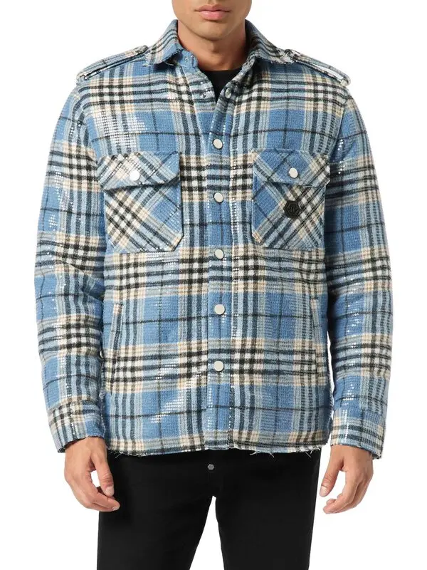 Philipp Plein Tartan Shirt Jacket With Sequin Embroidery And Epaulets - Turquoise