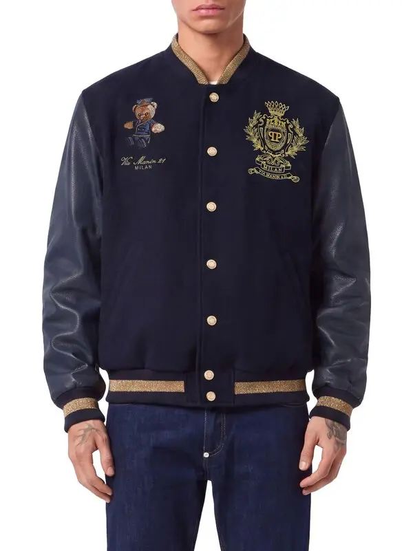 Philipp Plein Shearling Bomber Jacket With Teddy Bear Embroidery - Navy