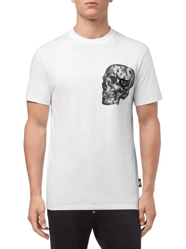 Philipp Plein Slim Fit Cotton T-shirt With Monogram Skull Embroidery And Hexagon Logo - White