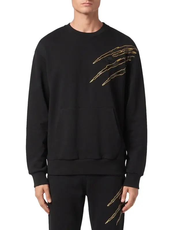 PLEIN SPORT Contrast Logo Cotton Crewneck Sweatshirt With Dropped Shoulders - Black