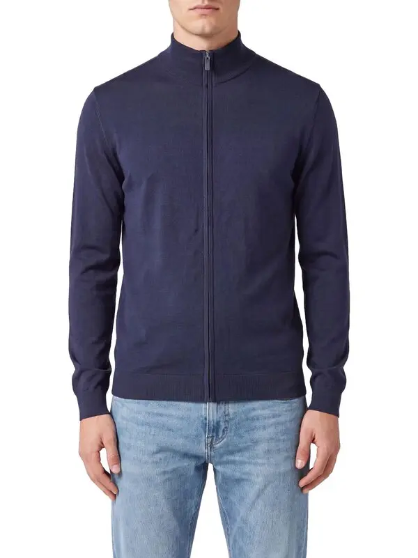 RRD Slim Fit High-neck Zip-up Cardigan In Viscose Blend - Blue