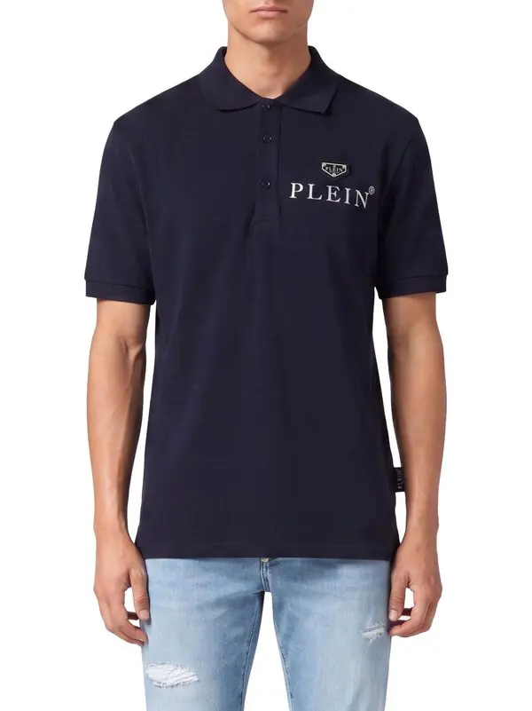 Philipp Plein Short-sleeve Stretch Cotton Polo Shirt With Metal Logo - Blue