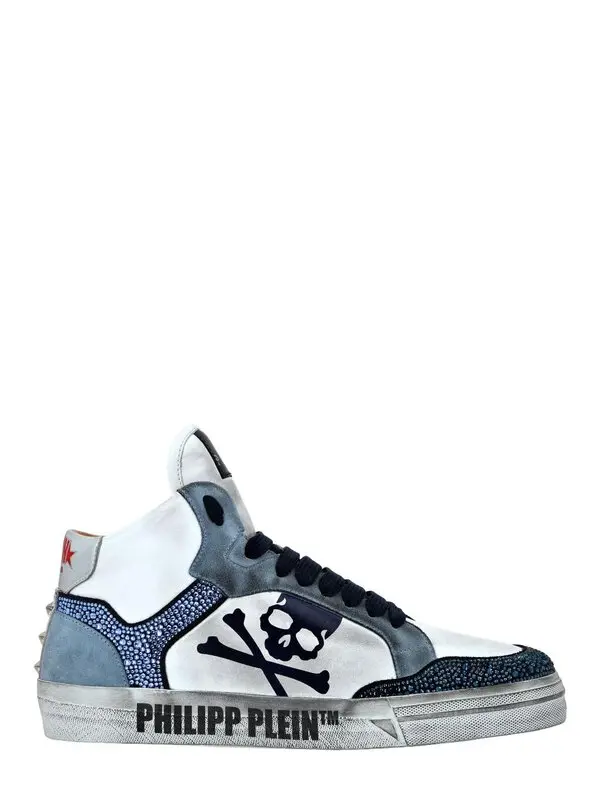 Philipp Plein High-top Leather And Suede Sneakers With Rhinestones And Skull Detail - White