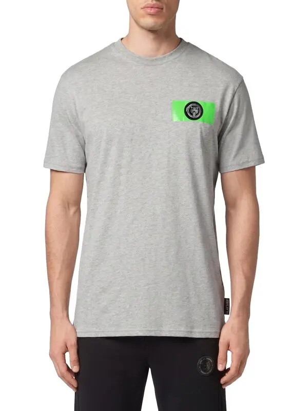 PLEIN SPORT Short-sleeved Cotton T-shirt With Contrasting Printed Logo - Grey