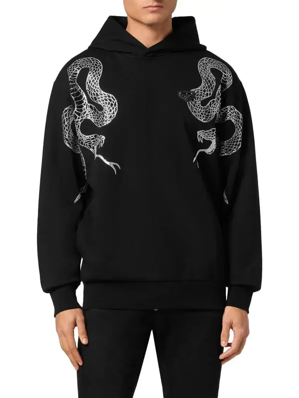 Philipp Plein Cotton Hoodie With Snake Embroidery And Rhinestones - Black