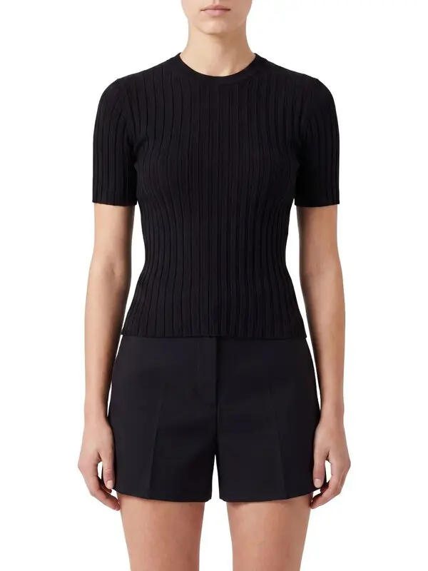 AMI Paris Slim Fit Short-sleeved Viscose Knit Top With Ribbed Trims - Black