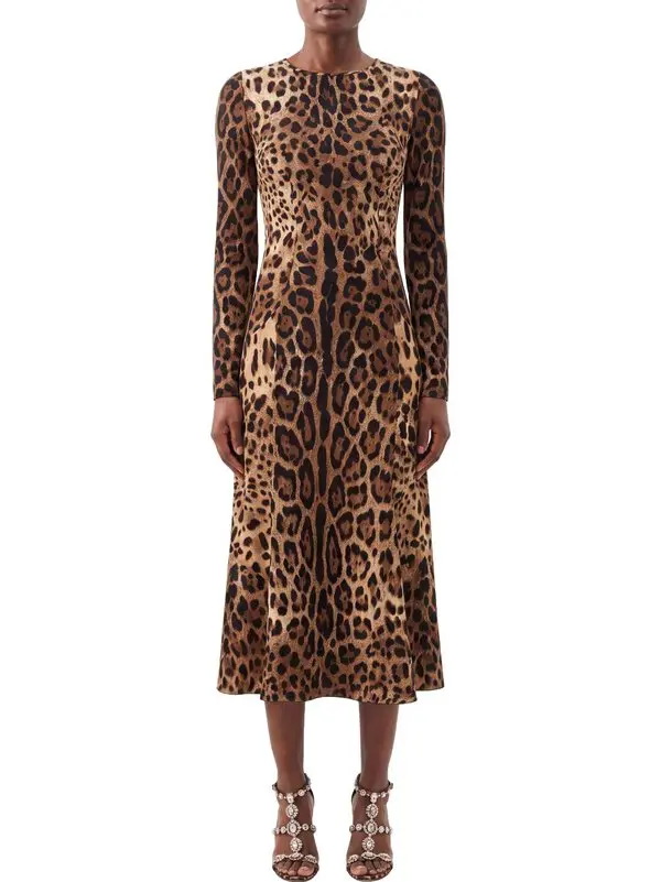 Dolce & Gabbana Leopard Print Long Sleeve A-line Midi Dress - Brown