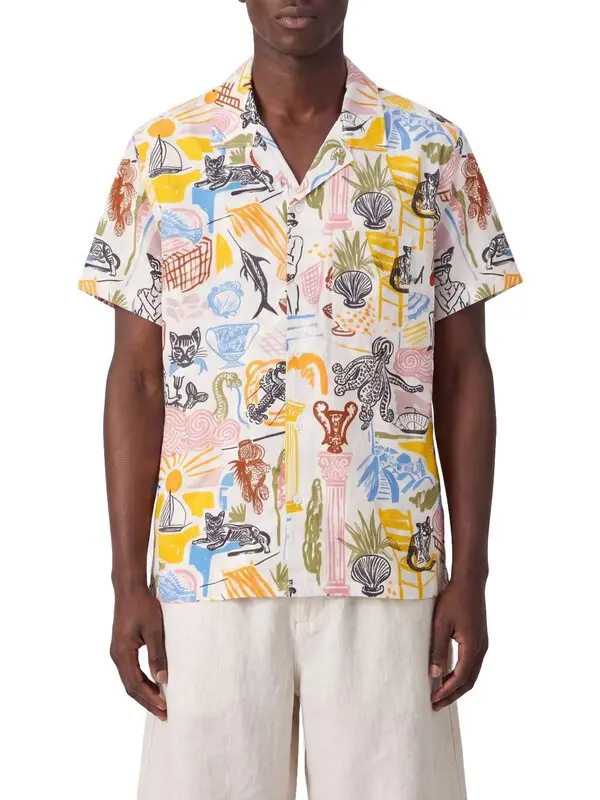 Closed Graphic Print Short-sleeved Cotton Bowling Shirt With Cuban Collar - Multicolor